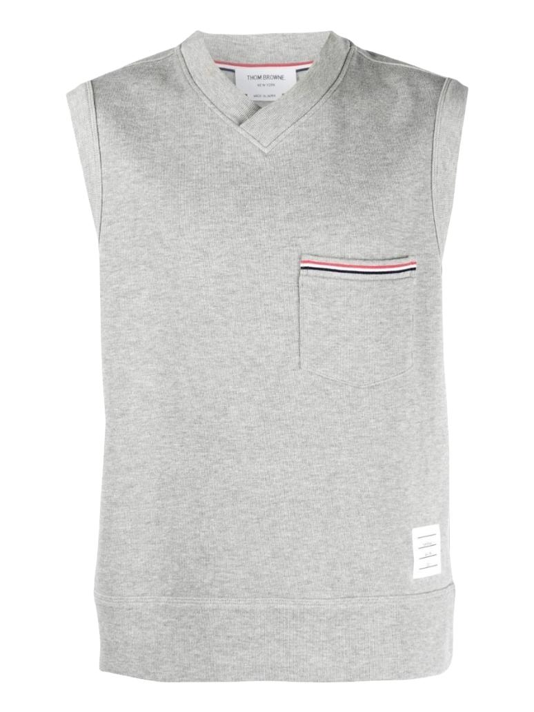 THOM BROWNE Thom Browne Grey Cotton Vest with Striped Pocket